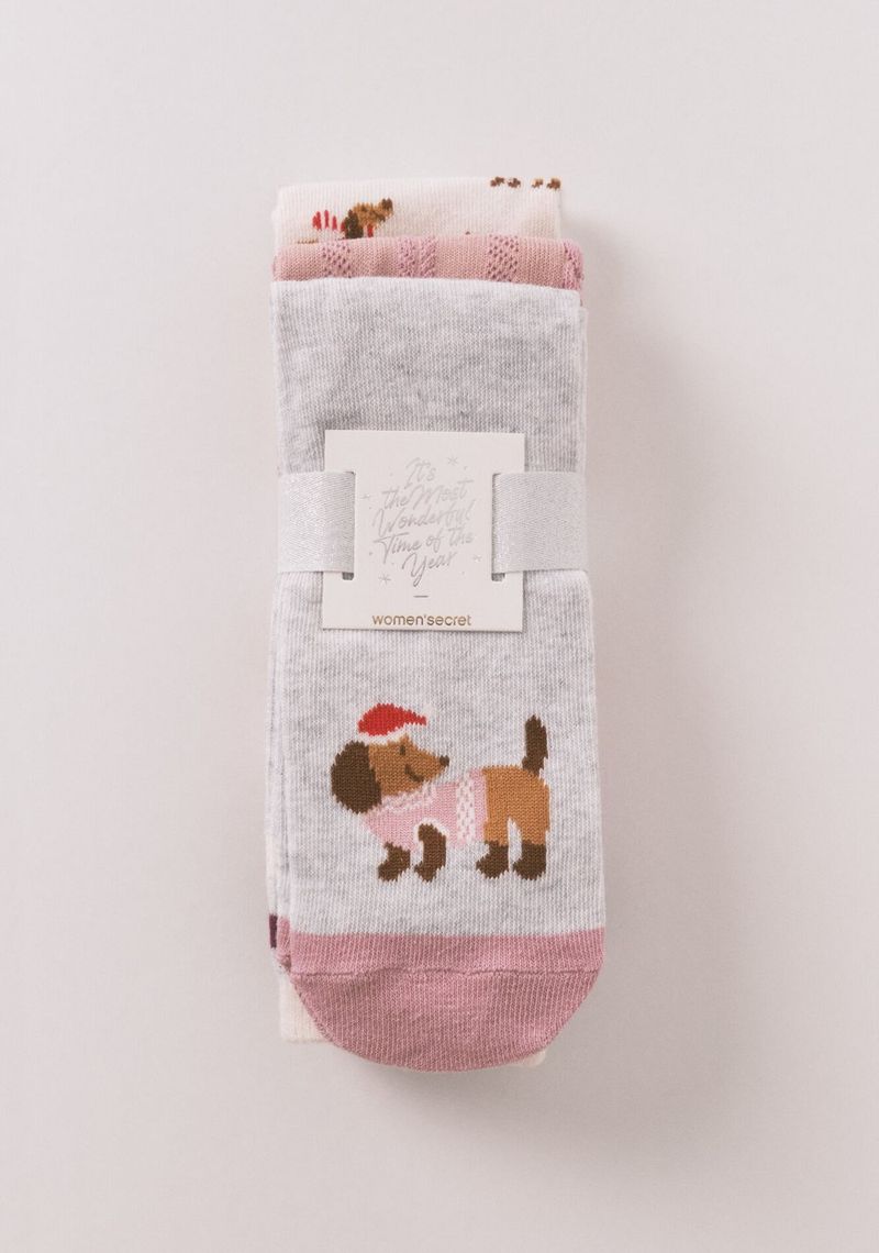 WomenSecret Pack de 3 medias largas con perritos salchicha